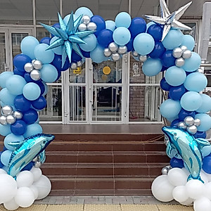 Blue Balloons Garland Arch Kit, 112 Packs Blue Mixed Balloons with Explosion Star Foil Balloons 18 12 10 5 Inch for Birthday Wedding Baby Shower Decorations Graduation Ceremony Supplies