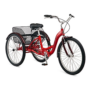Schwinn Meridian Adult Tricycle Bike, Mens and Womens Three Wheel Beach Cruiser, 26-Inch Wheels, Low Step-Through Frame, Wide Seat, Rear Folding Basket, 1-Speed, Red