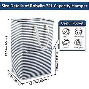 Robylin 72L Collapsible Laundry Hamper, Freestanding Laundry Basket with Classified Pocket, Large Foldable Clothes Basket with Extended Handles for Storing Clothes/toys, etc, Grey
