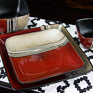 Elama Square Stoneware Loft Collection Dinnerware Dish Set, 16 Piece, Red and Tan with White Accents