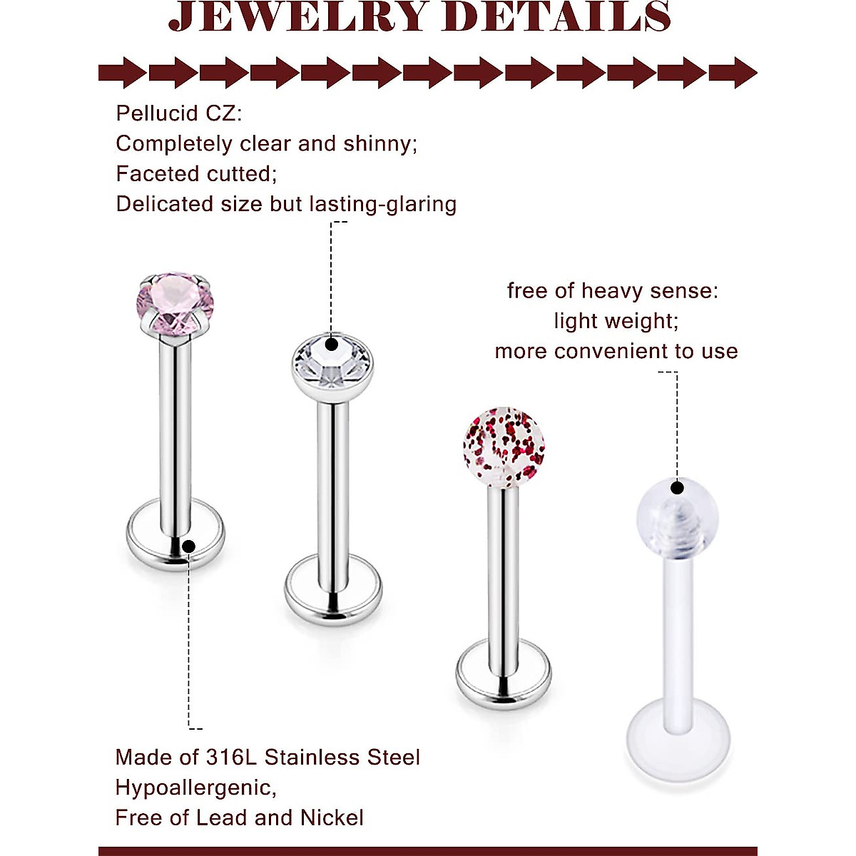 Prjndjw 48Pcs Lip Rings 16G Surgical Steel Labret Studs Monroe Ring Piercing Jewelry for Women Men Conch Cartilage Tragus Helix Earring Barbells 10MM Glow in the Dark