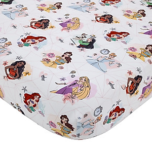 Disney Princess Bold As Ever Pink, Lavender, Yellow Belle, Cinderella, Mulan, Ariel, Moana and Rapunzel 2 Piece Toddler Sheet Set - Fitted Sheet and Reversible Pillowcase