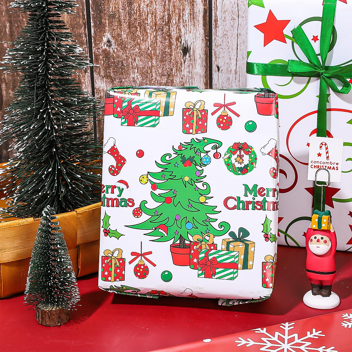 Whaline 12 Sheet Christmas Wrapping Paper Funny Cartoon Character Gift Wrap Paper Xmas Red Green Folded Flat Decorative DIY Craft Art Paper for Party Decor Supplies, 19.7 x 27.6 inch