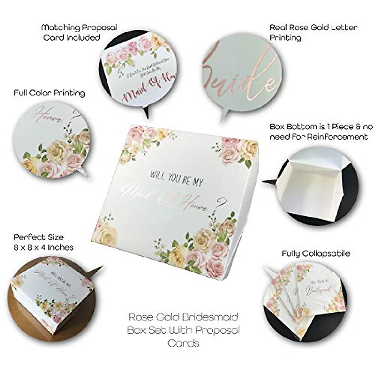 Bridesmaids Proposal Gift Boxes Set of 8 with Rose Gold Foil Letters & Proposal Cards to Ask Bridesmaids, Maid & Matron of Honor & Flower Girl (5 Bridesmaids, 1 MatronH, 1 MaidH, 1 FlowrGrl, 8)
