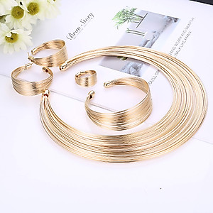 ORAZIO Bib Choker Statement Necklaces for Women Cuff Bracelet Open Hoop Stud Earrings Ring African Chunky Costume Jewelry Set