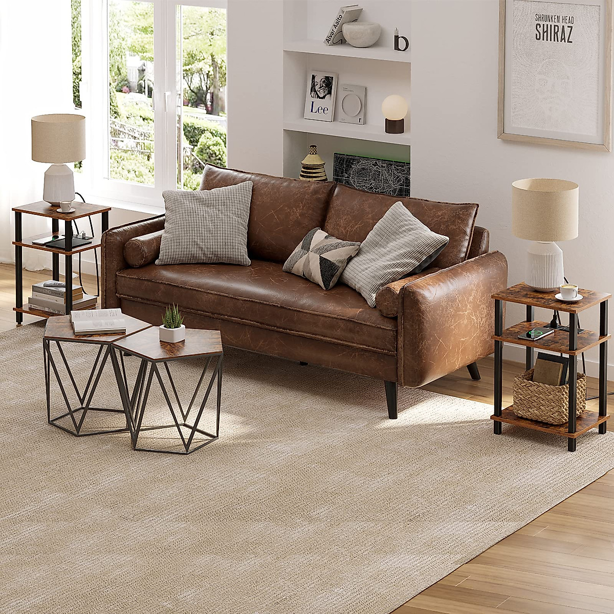 TUTOTAK End Table with Charging Station, Side Table with USB Ports and Outlets, Nightstand, 3-Tier Storage Shelf, Sofa Table for Small Space TB01BB042