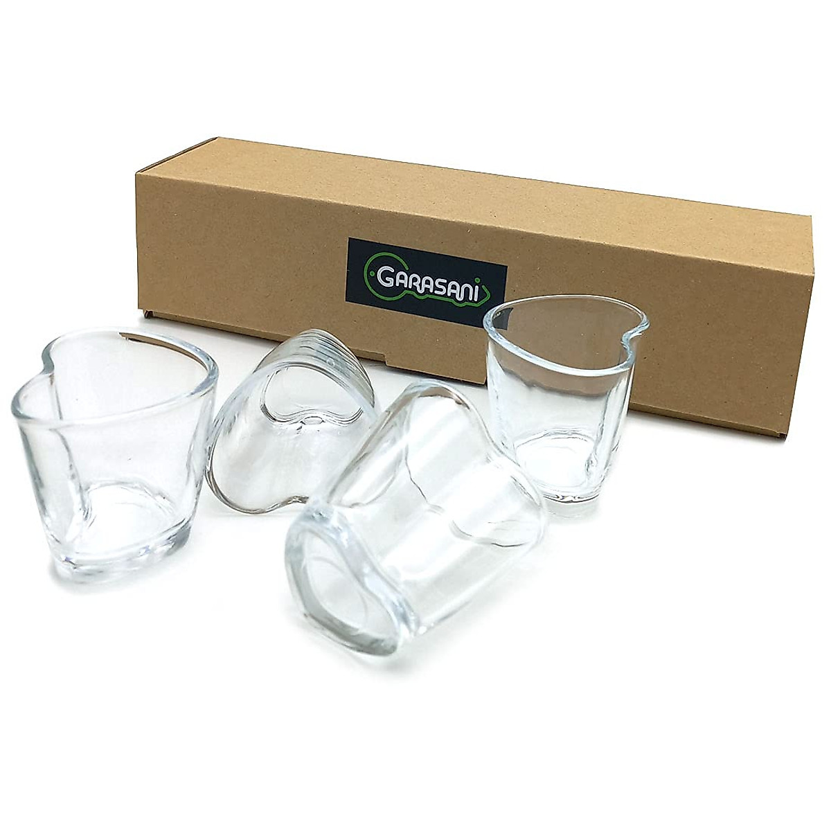 GARASANI 4 Pack Korean Soju Shot Glasses Set 1.7 oz, Korean Soju, whiskey, tequila, vodka, espressos, desserts, party decorations, Clear Glass (Heart Shot Glasses)