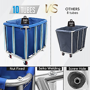 Kenpiko Commercial Laundry Cart with Wheels Heavy Duty Rolling Laundry Cart Large Laundry Baskets on Wheels with Stainless Steel Frame, 11.35 Bushel, 330LBS Load, 10 Tubes