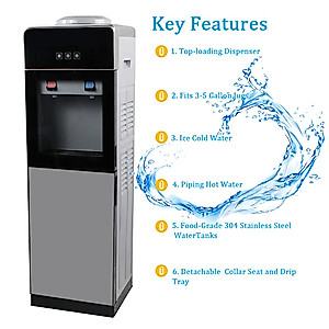 Top Loading Water Cooler Dispenser,Holds 3 & 5 Gallon Bottles Compressor Cooling System Cold and Hot Water Perfect for Home Kitchen Office Dorm