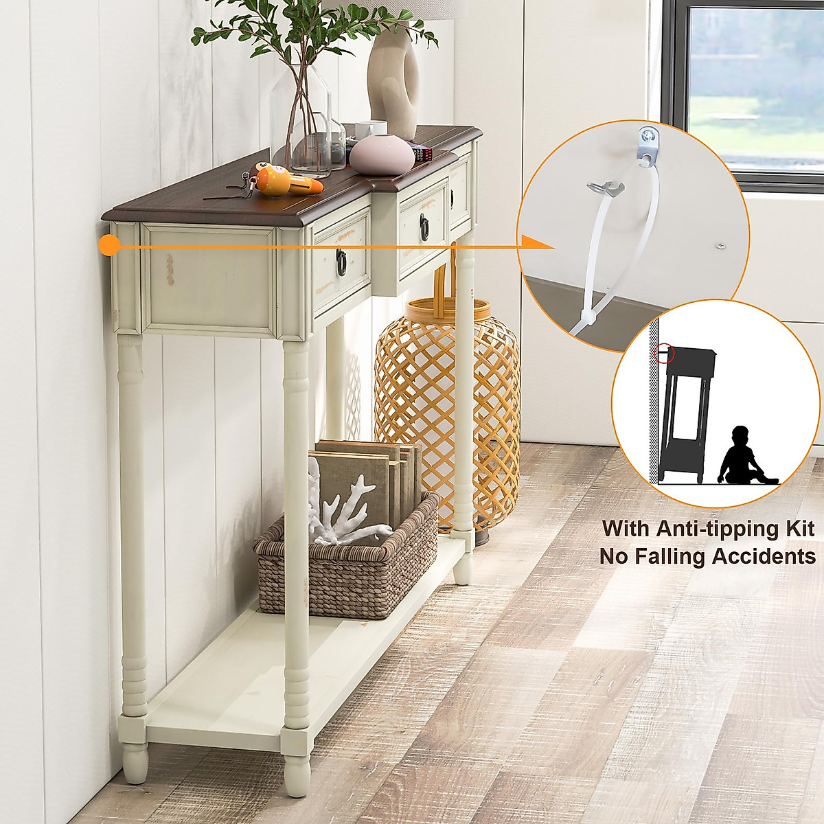Giantex Console Table with 3 Storage Drawers - Entry Table, Rustic Farmhouse Entryway Table with Open Storage Shelf, Solid Wood Legs, Long Sofa Table for Living Room, Hallway, Narrow Console Table