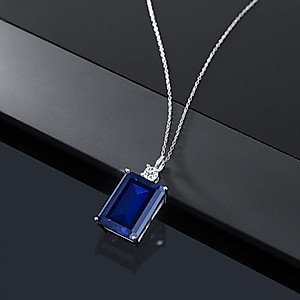 Gem Stone King 17.83 Cttw Blue Created Sapphire and White Topaz Pendant Necklace For Women In 925 Sterling Silver | Emerald Cut 18X13MM | With 18 Inch Silver Chain