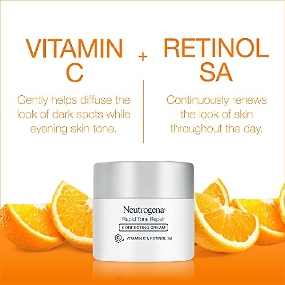 Neutrogena Rapid Tone Repair Retinol + Vitamin C Correcting Cream, Tone Evening Face & Neck Cream with Vitamin C, Retinol & Hyaluronic Acid for Dark Spots, Fine Lines & Wrinkles, 1.7 oz