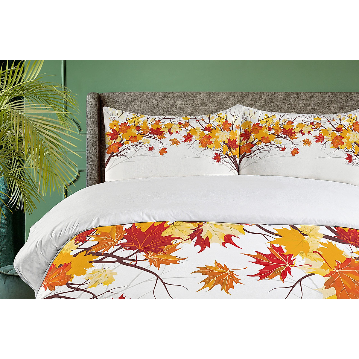 Ambesonne Fall Duvet Cover Set, Image of Canadian Maple Tree Leaves in Autumn Season Soft Reflection Effects, Decorative 3 Piece Bedding Set with 2 Pillow Shams, Queen Size, Orange White