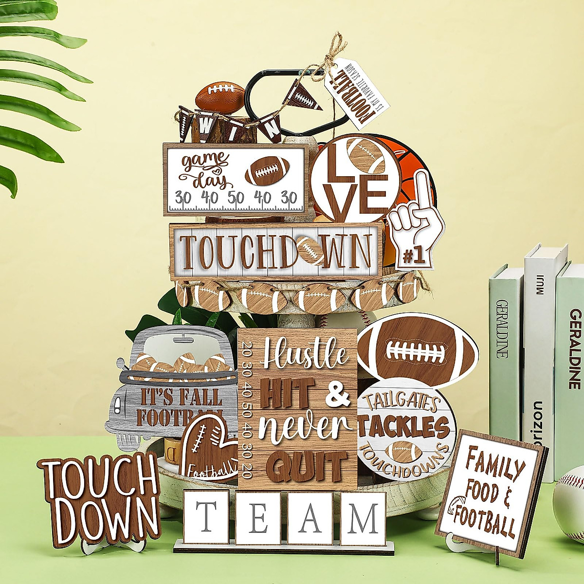 FairySandy 27 Pcs Football Tiered Tray Decor Farmhouse Football Decorations for Home Football Decor Rustic Wooden Football Ornament Football Table Centerpieces for Football Fans Club Home Supplies