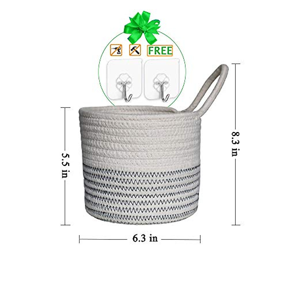 Wall Hanging Organizer Storage Basket with Free Wall Hooks,Small Cotton Rope Baskets for Baby Nursery and Home Décor,Set of 2