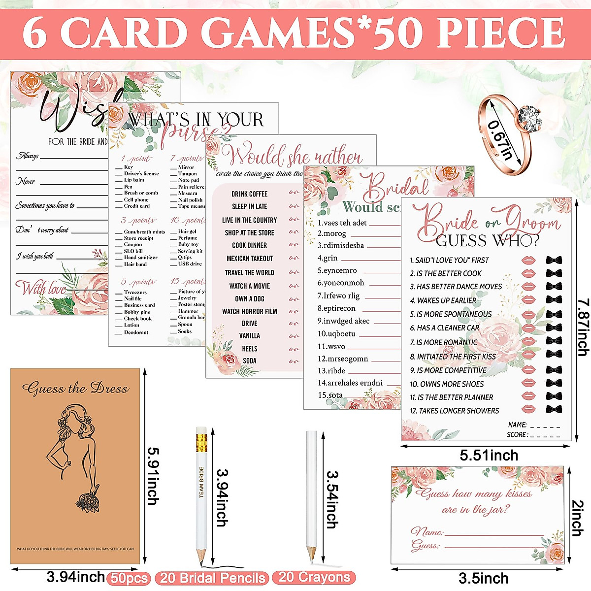 Blueweenly 9 Sets Wedding Bridal Shower Games for 50 Guests - Put a Ring, Would She Rather, Guess The Dress, How Many, Guess Who, Pin The Ring, Wishes