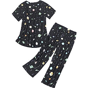 Zando Short Sleeve Summer Pajamas for Women Capri Pants Sleep Shirts for Women Soft Cotton Pj Sets for Women 2 Piece Night Shirts for Women Sleepwear with Long Pants Pjs Black Planet XX-Large