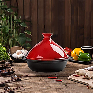 ECBCUEG Home 24Cm Lead Free Cooking Tagine, 1.5L Enameled Cast Iron Tangine with Ceramic Lid for Different Cooking Styles Compatible with All Stoves,Pink (Red)