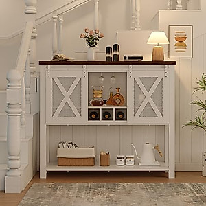 IDEALHOUSE Coffee Bar Cabinet, Sideboard Buffet Storage Cabinet with Storage, Farmhouse Wine Bar Cabinet with Wine Glass Rack, Liquor Cabinet Bar for Home, Kitchen, Dining, Living Room, White