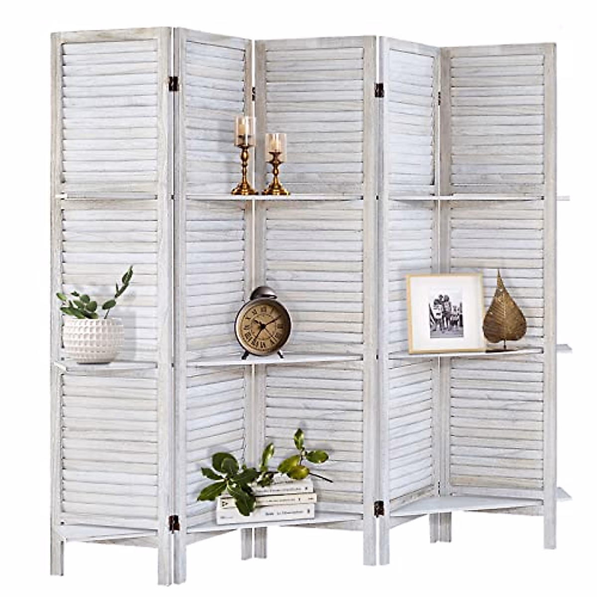 AMBITION LAND Room Divider, Privacy Screen, Room Dividers and Folding Privacy Screens Room Divider Wall Panels Room Divider with Shelves, 5 Panel White