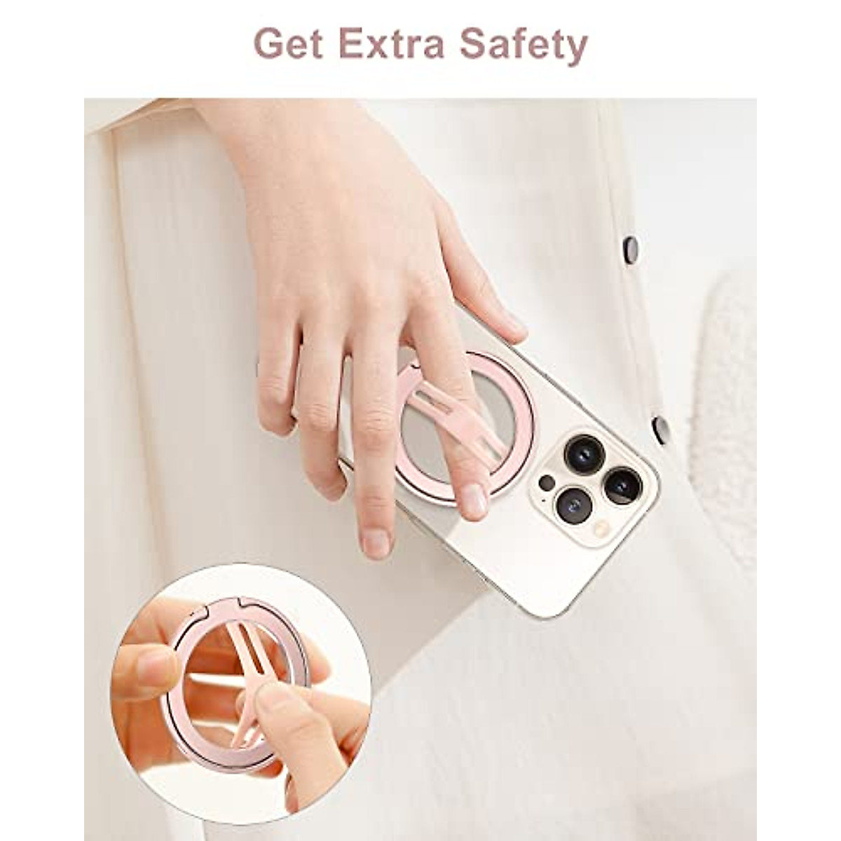 EWA Magnetic Phone Grip and Stand with Silicone Finger Strap for Magsafe, Ring Holder Adjustable Kickstand Loop, Only for iPhone 13, 12 Pro/Pro Max/Mini (MG201-RoseGold)