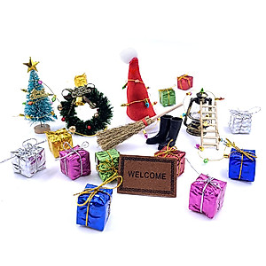 HKLMRO 22Pcs Doll House Christmas Decoration Fake Light String Hat Wreath Mini Tree Gift Boxes Dollhouse 1:12 Toyhouse Miniature Model Pretend DIY Fairy Figurines Garden Hanging Ornaments Party