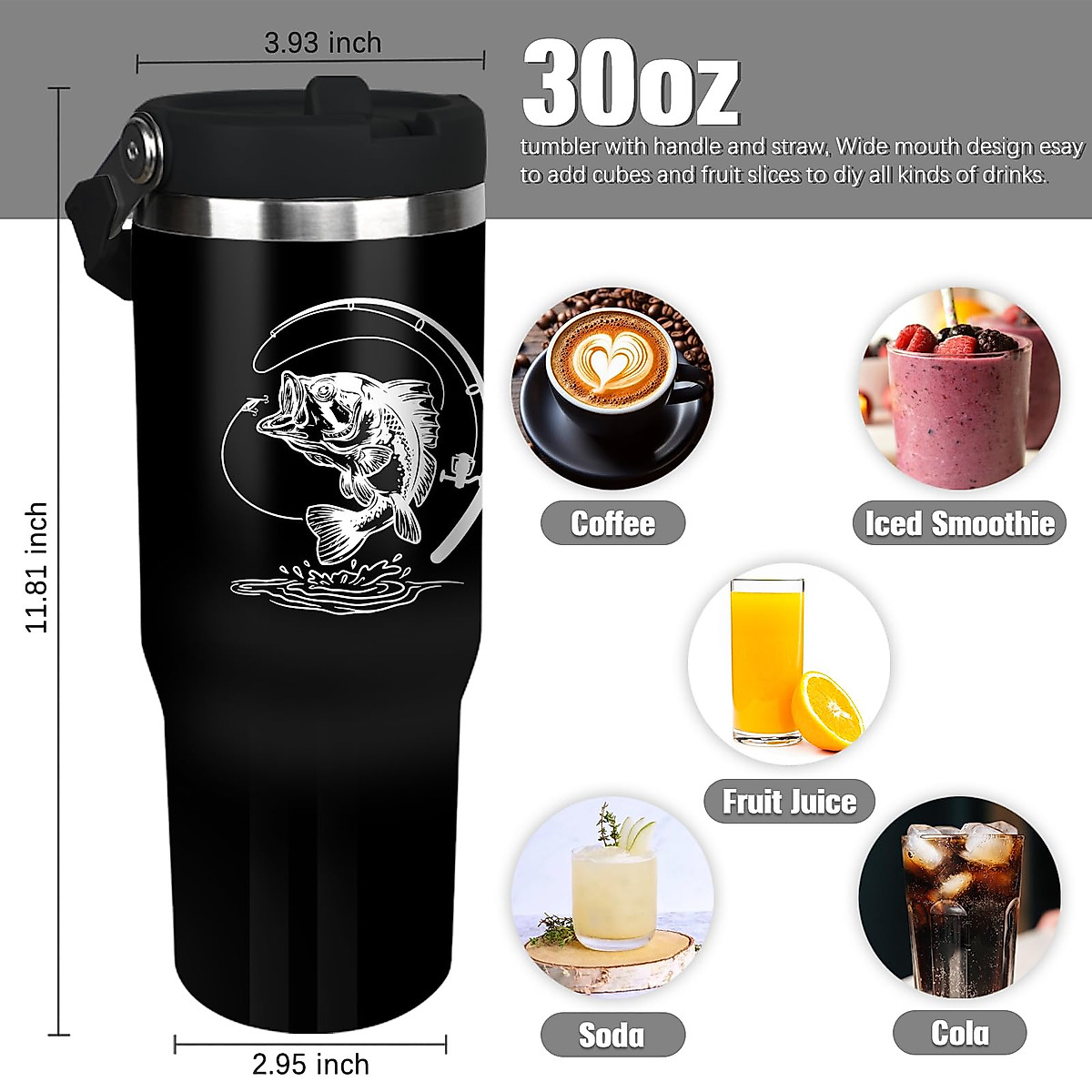 Fishing Gifts for Men 30 oz Fishing Tumbler with Handle and Straw American Flag Stainless Steel Insulated Cups Mug Father's Day, Christmas and Birthday Gifts for Dad Grandpa Men