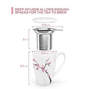 immaculife Tea Cup with Infuser and Lid for Steeping Loose Leaf Tea Bag Coffee Milk Women Office Home Gift 16oz Peach Blossoms