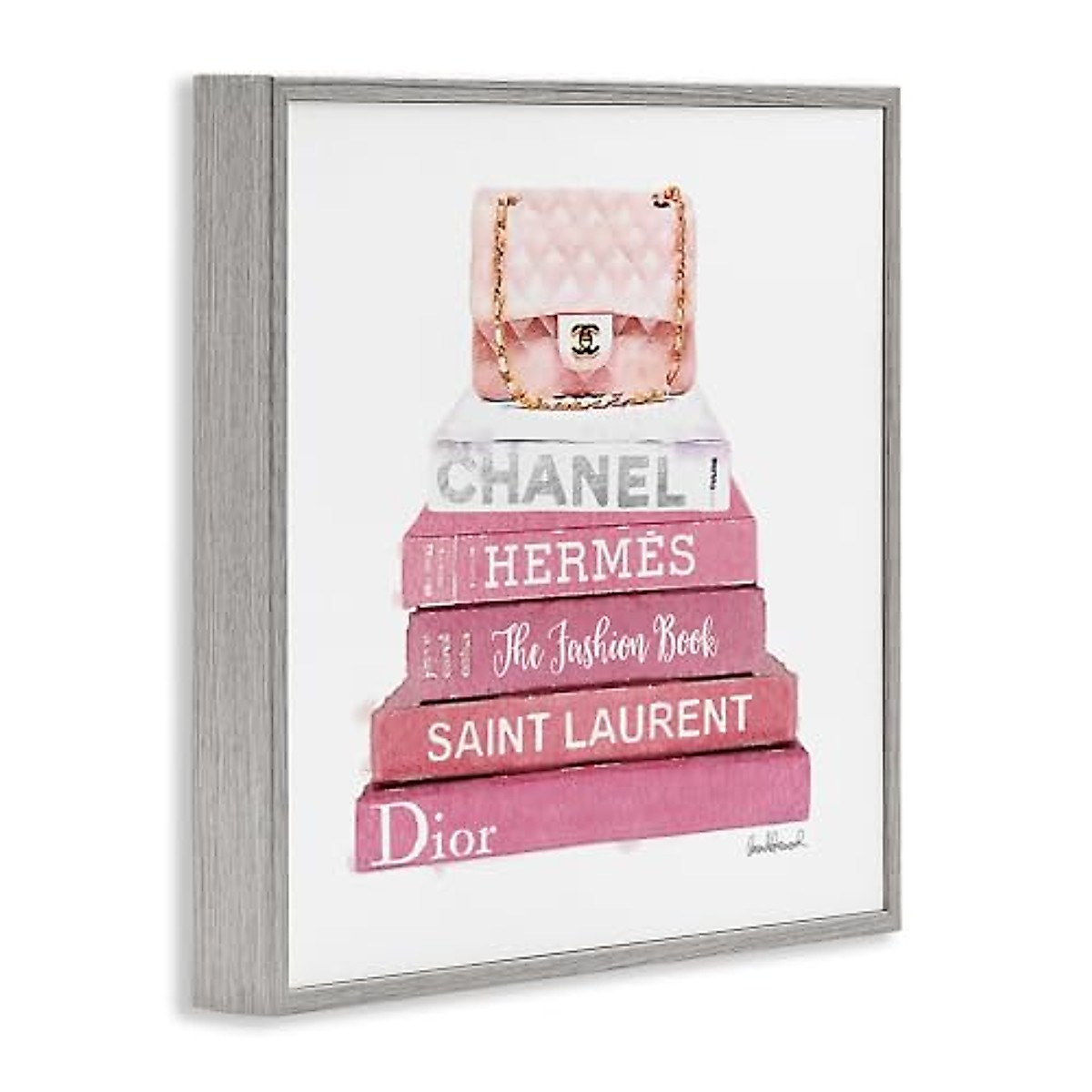 Stupell Industries Pink Book Stack Fashion Handbag, Design by Amanda Greenwood Gray Framed Wall Art, 12 x 12