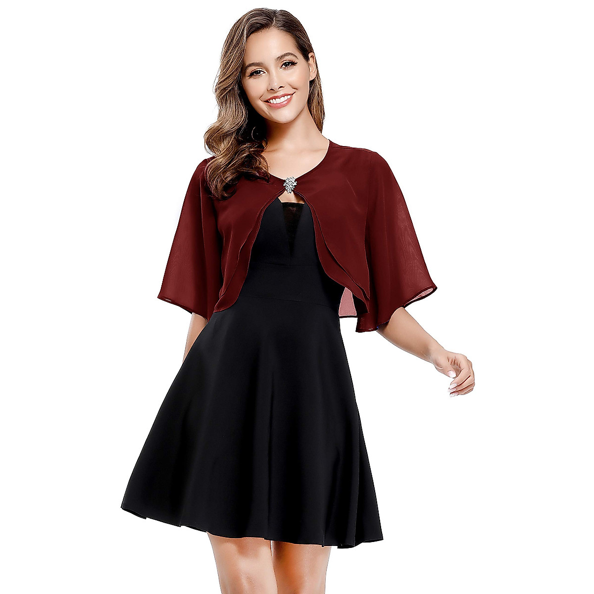Women's Short Sleeve Open Front Soft Chiffon Shrug Cardigan for Evening Dresses (Deep Wine Red, 2XL-3XL)
