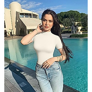 TOB Women's 2 Piece Bodysuits Sexy Ribbed High Neck Short Sleeve Tops Bodysuits Black Beige