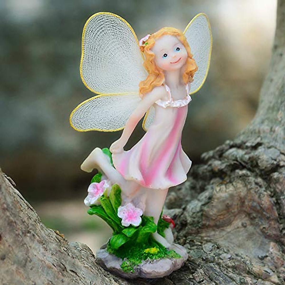 4 Pcs Flower Fairy Figurines Resin Elves Model Girl with Wings Statue Fairy Garden Miniature Moss Landscape DIY Terrarium Crafts Ornament Accessories for Home Décor