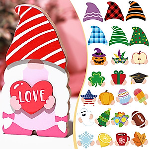 30 Pieces Holiday Interchangeable Easter Wooden Gnome Decor DIY Saint Patrick Seasonal Tiered Tray Decoration with Magnet Swappable Detachable Hats Changeable Welcome Sign for Home