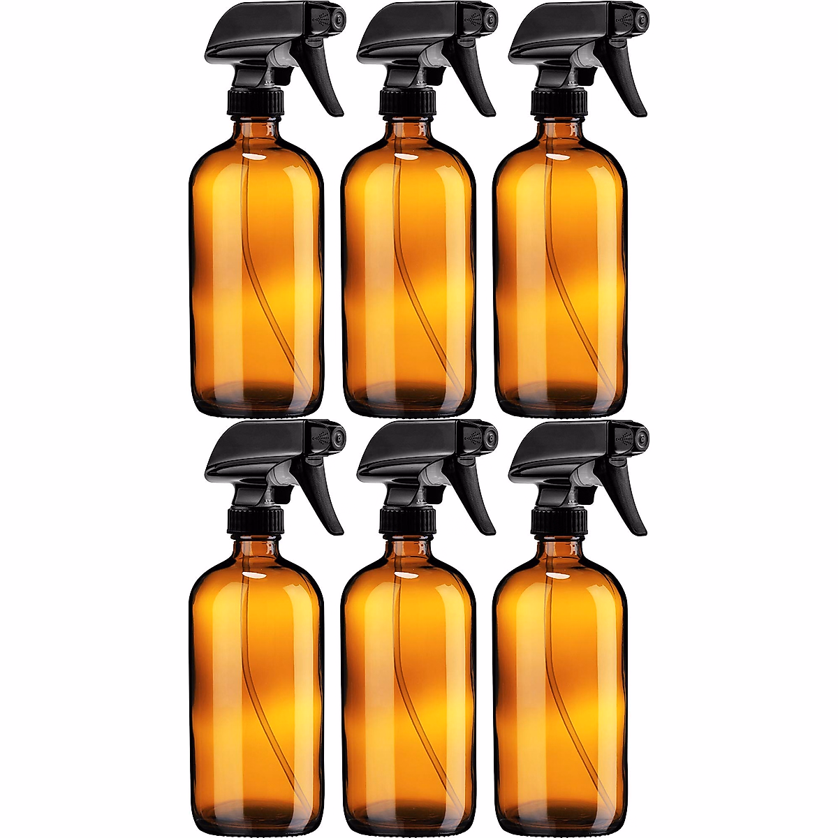 Sally's Organics Empty Amber Glass Spray Bottle - Large 16 oz Refillable Container for Essential Oils, Cleaning Products, or Aromatherapy - Black Trigger Sprayer w/Mist and Stream Settings - 6 Pack