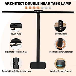 HAMOPY Desk Light, 24W Architect Desk Lamp with USB Charging Port, 2-in-1 Clamp Lamp & Desk Lamp for Home Office, Desk Light with Flexible Gooseneck, 5 Colors & 7 Brightness, Remote Control, Timer