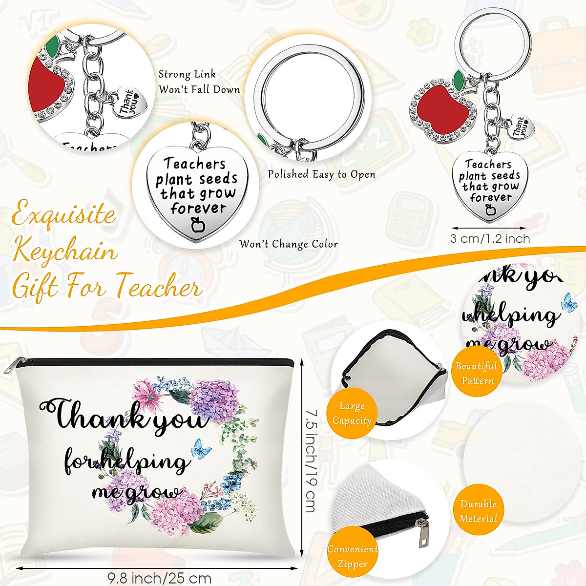 Sabary 8 Pieces Novelty Teacher's Day Appreciation Gifts Set for Women, 20 oz Travel Tumbler with Straws Brushes and Lids, Teacher Makeup Bag Cosmetic Bag, Teacher Keychain, Teacher Leather Journal