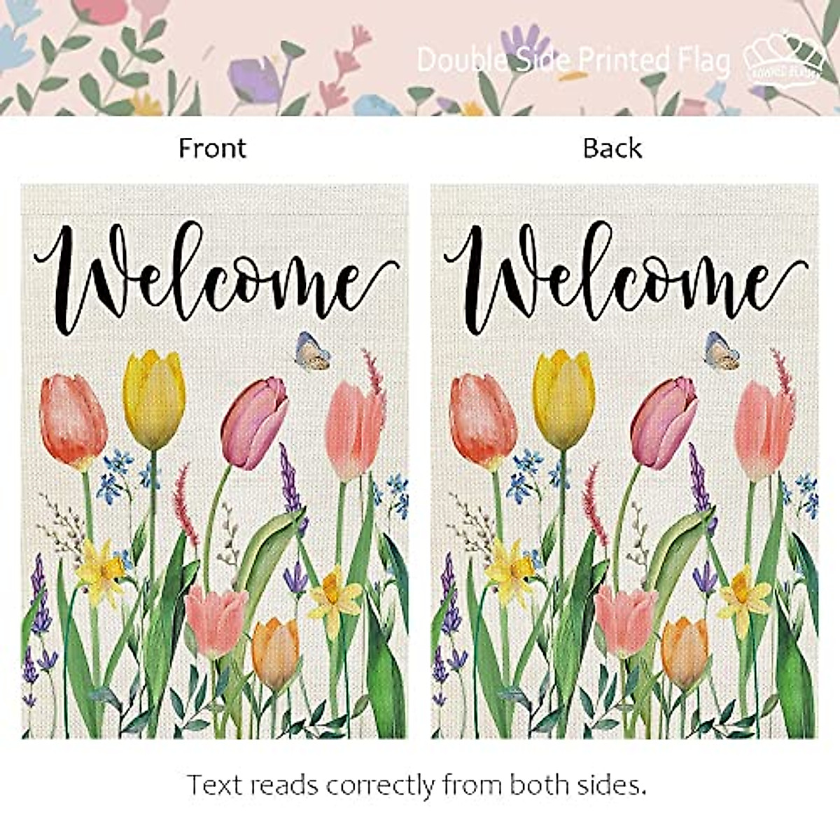CROWNED BEAUTY Spring Garden Flag Floral 12x18 Inch Double Sided for Outside Tulips Welcome Burlap Small Yard Holiday Decoration CF743-12