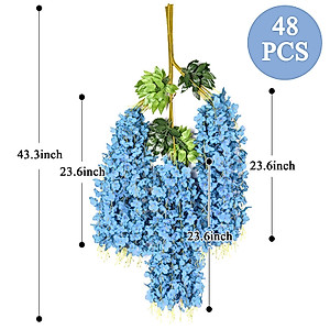 Ranslen 48 Pieces Artificial Wisteria Flower Hanging Silk Garland Vine Ratta Wedding Decor String Home Party Garden Outdoor Decoration Supplies (Blue, 48)