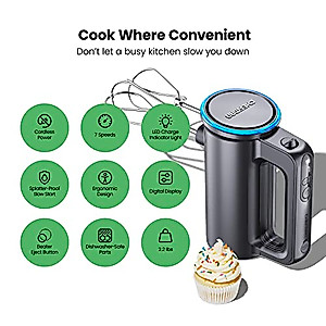 Chefman Cordless Hand Mixer, 7 Speed Electric Handheld Kitchen Food Mixer, Easily Whisk Eggs, Whip Cream, or Mix Cookie Dough, Digital Display, Dishwasher Safe Parts, and LED Charge Indicator Light