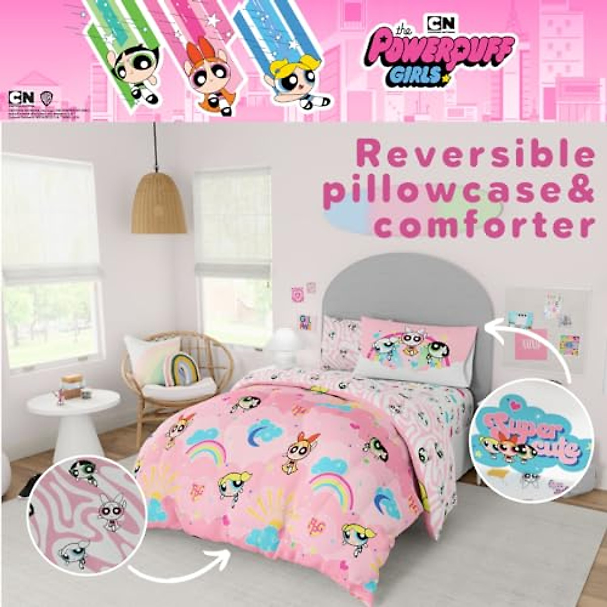 Franco Collectibles Powerpuff Girls Bedding 7 Piece Super Soft Comforter and Sheet Set with Sham, Queen, (100% Official Licensed Product)