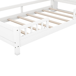 Harper & Bright Designs Kids Twin Bed with Storage Headboard and Guardrail, Wood Twin Platform Bed Frame with Built-in LED Light, for Girls Boys (Twin Size, White)