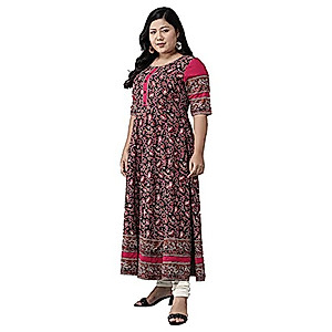 Yash Gallery Women's Plus Size Cotton Floral Printed Anarkali kurta (Black)