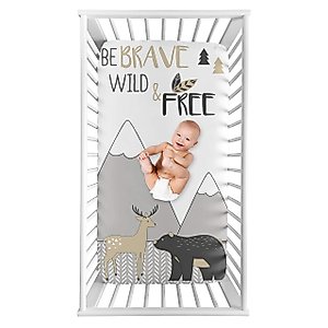 Sweet Jojo Designs Woodland Animal Boy or Girl Fitted Crib Sheet Baby or Toddler Bed Nursery Photo Op - Beige, Grey and White Boho Deer Bear Mountain Friends