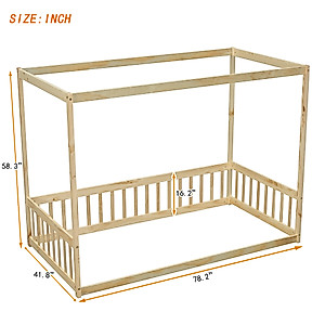 Luxo Abode Twin Size Montessori Canopy Frame Floor Bed with Guardrails Fence, 4-Poster Pine Wood Bed Frame, Easy Assembly, for Toddlers, Children's Room, Playroom, Natural