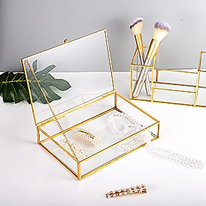 Feyarl Gold Clear Glass Jewelry Trinket Box Photo Cards Shadow Box Organizer Collection Display Case Decorative Keepsake Box with Lid for Home Deco