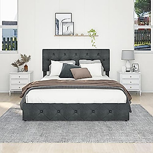 Queen Size Modern Platform Bed Frame with 4 Storage Drawers, Upholstered Beds with Button Tufted Headboard Height Adjustable, Mattress Foundation with Wooden Slat Support, Dark Grey Faux Leather
