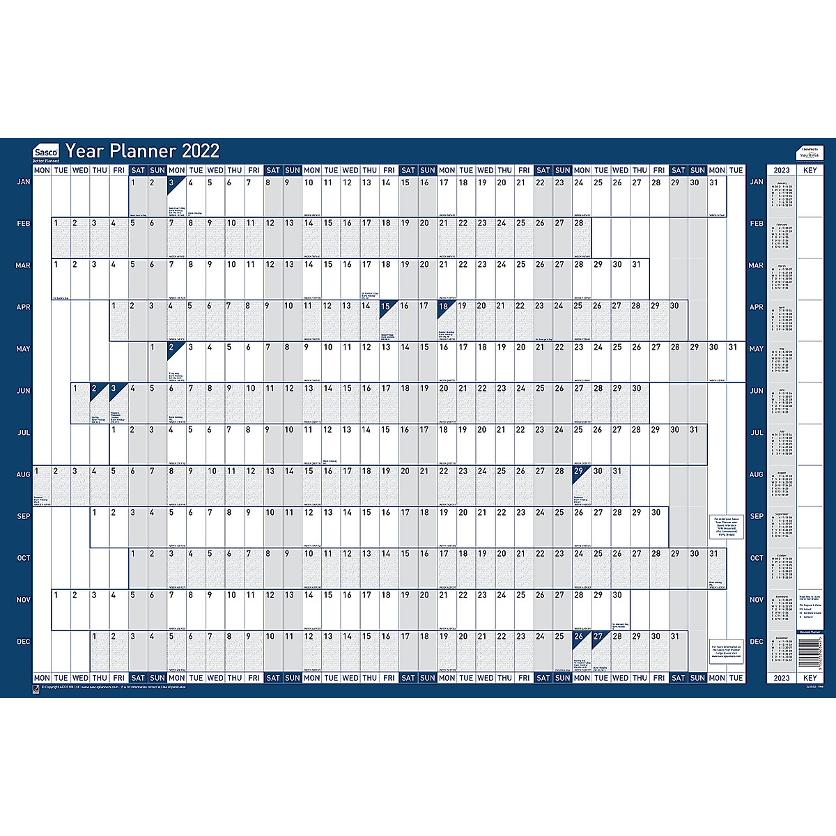 Sasco 2022 Original Year Wall Planner with wet wipe pen & sticker pack, Blue, Board Mounted, 915W x 610mmH, 2410152