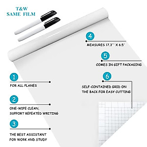 T&W SAME FILM White Board for Wall-Dry Erase Stickers-2 Dry Erase Markers Fine Tip Included-Adhesive Whiteboard for Wall,Desk,Door,Glass,Refrigerator（17.3‘’X78.7'' White）
