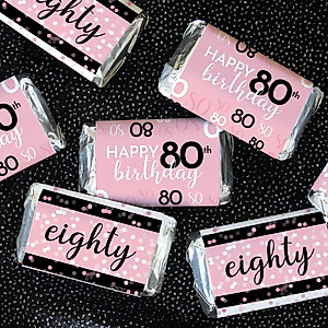 DISTINCTIVS Pink, Black, and White 80th Birthday Party Mini Candy Bar Wrappers - 45 Count, 80th Birthday Decorations for Women