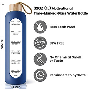 PROBTTL 32 Oz Borosilicate Glass Water Bottle with Time Marker Reminder Quotes, Leak Proof Reusable BPA Free Motivational Water Bottles with Silicone Sleeve and Bamboo Lid